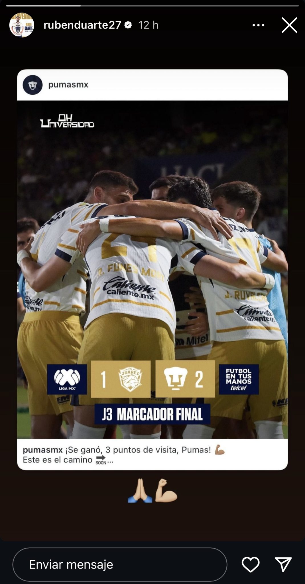 El ilusionante mensaje de Rubén Duarte tras la victoria de Pumas