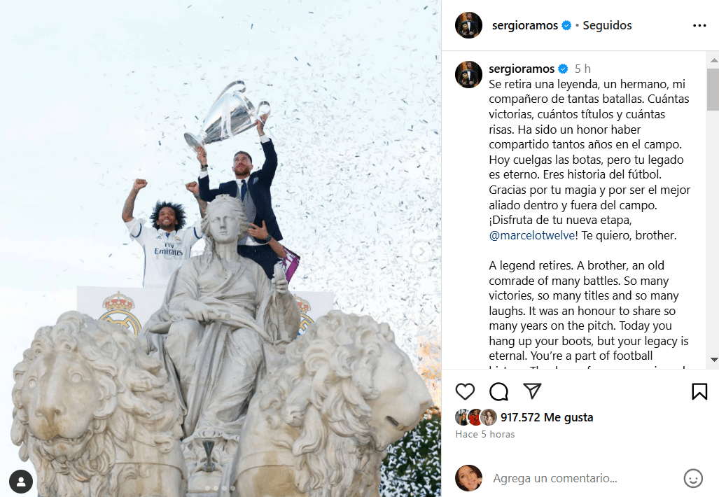 Sergio Ramos despide a Marcelo con emotivo mensaje - Juanfutbol